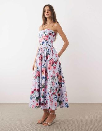 Abercrombie & Fitch Tr&auml;gerloses Maxikleid mit Blumenmuster und Korsettdetail in der Taille-Mehrfarbig