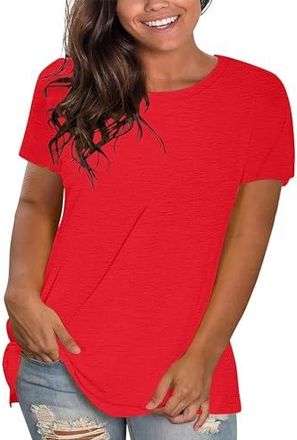 Generic Chemise unie à manches courtes pour femme - Coupe ample - Style décontracté - Couleur unie - Coton - Col rond - Manches courtes - Chemises amples - Vê