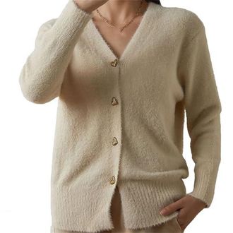 Generic Cardigan en laine pour femme avec boutons et col en V, Blanc de riz., Taille XS