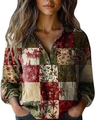 Generico Chemise Femme d&Eacute;t&eacute; Curvy &agrave; Manches Longues Blouse en Lin Coton D&eacute;contract&eacute; Respirant T Shirt Col en V Doux Chemises Vintage Fantaisie avec Boutons L&eacute;g