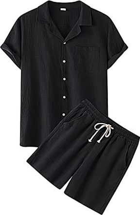 Onsoyours Tenue Ensemble Homme Lin De Couleur Unie T-Shirt à Manches Courtes Short à Taille éLastique Set DéContracté Pantalon Et T Shirt B Noir M