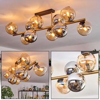 HOFSTEIN Deckenleuchte Koyoto, 10-flammige Deckenlampe aus Metall/Glas in Schwarz/Gold/Chrom/Rauch/Bernstein, Leuchte im Retro/Vintage-Design (Schirme Ø 15cm),