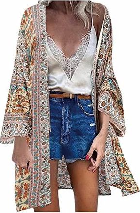 Generic Robe boh&egrave;me 2026 pour femme - Imprim&eacute; boh&egrave;me - Manches longues - Ample - Pour la plage et les vacances, beige, XXL