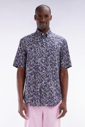 Eden Park Chemise &Agrave; Manches Courtes En Popeline De Coton Pima Gris Fonc&eacute; Micromotif Floral Coupe Droite