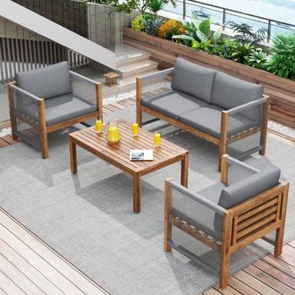 STILVORA Salon de Jardin avec 1 Canap&eacute; 2 Places, 2 Fauteuils et 1 Table Basse, pour Terrasse et Balcon, Corde, Bois dAcacia et Polyester, Gris