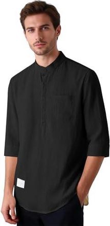 Generic Chemise en lin &agrave; manches 3/4 pour homme, chemise d&eacute;contract&eacute;e unie intelligente Henley d&eacute;contract&eacute;e classique avec poche, hauts &agrave; col tendance, v&ecirc;teme