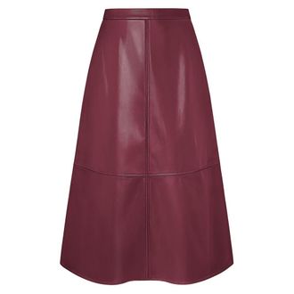 Kate Kasin Damen Lederrock High Waist Faux Leder Rock PU Midi R&ouml;cke A-Linie Winterrock Verdicktem Warm Elegant Wein XL