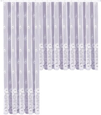 Heimtexland Heimtexland Gardine Store weiß Jacquard halbtransparent Blumen Bordüre gebogt Kräuselband Vorhang Typ318 Kurzstore HxB 135 x 600 cm für Fensterbreite 