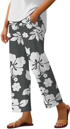 Generic Robe boh&egrave;me d&eacute;contract&eacute;e pour femme - Imprim&eacute; floral - Pantalon en lin &agrave; rayures - Taille &eacute;lastique - Cordon de serrage - Pour l&eacute;t&eacute;, le printemps, la 