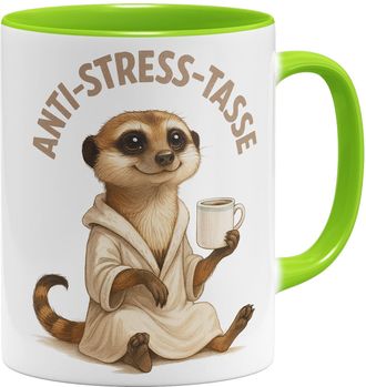 OM3 Erdm&auml;nnchen Anti-Stress Kaffee-Tasse - Lustige Meerkat Keramiktasse mit Tier-Motiv - Keramik Becher - 325ml - Beidseitig Bedruckt - Hellgr&uuml;n