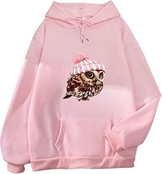 Generic Sweat &agrave; capuche mignon &agrave; manches longues pour femme, imprim&eacute; hibou, imprim&eacute; animal, haut pour adolescentes, v&ecirc;tements esth&eacute;tiques, rose, 3XL