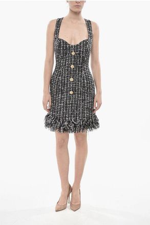 Balmain Sleeveless Tweed Sheath Dress With Front Buttons size 42