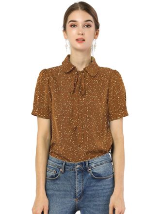 Allegra K Damen Polka Dots Oberteil Kurzarm Bubikragen Krawatten Ausschnitt Chiffon Punkte Top Bluse Braun L
