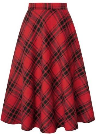 Belle Poque Jupes à carreaux vintage taille haute avec poches, jupe plissée polyvalente pour femme, Plaid rouge et noir., M