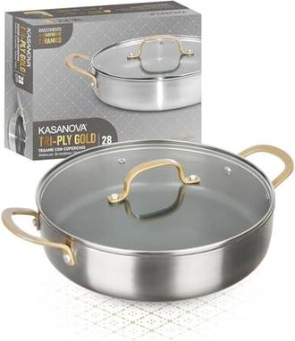 KASANOVA 1 Tri-Ply Gold 28 cm dreilagiger Kochtopf mit Deckel, 18/0 Rohaluminium 18/10 Edelstahl