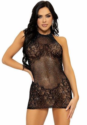 Leg Avenue Minikleid Mini-Kleid transparent mit Schmucksteinen - schwarz (1-tlg) transparent
