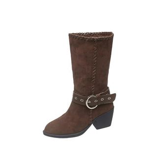 Generic Bottes de cowboy larges en daim synth&eacute;tique pour femme - Bout pointu - Boucle &eacute;l&eacute;gante - Talon bloc - Bottes mi-mollet &agrave; enfiler - Bottes mi-mollet, c