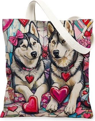 Generic Sac fourre-tout en toile pour la Saint-Valentin - Motif chien Pitbull - 33 x 38 cm - R&eacute;utilisable - Impression de chiot en verre teint&eacute; - Pour femme -
