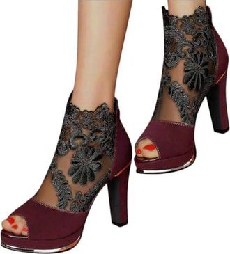 Onsoyours Femme Sandales Chaussures Fête Soirée Mariée Haut Talon Sandals Partie Sexy Dentelle Creux Élégant Été Peep Toe High Heels Sandals Bottine A Vin Rouge