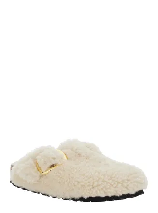 Birkenstock Womens White Slip-On Mules With Buckle Fabric