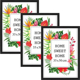 MG Design Set aus 3 Schwarz Bilderrahmen 35 x 50 cm - Aus echtem Holz mit Acrylglas, zum Aufhängen & Aufstellen, für Fotos, Poster & Puzzle