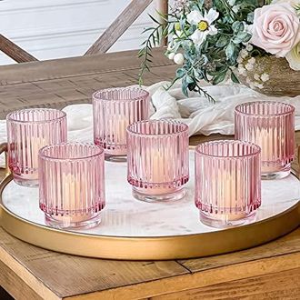 Kate Aspen Lot de 6 photophores Vintage en Verre côtelé Rose pâle - Décoration bohème, décoration détagère, Aspect Or Rose pour hôtesse