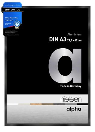 Nielsen Design Bilderrahmen, 29,7 x 42 cm (A3), Aluminium, Schwarz glanz, Posterrahmen zum Aufhängen im Hoch- & Querformat, Echtglas, Alpha