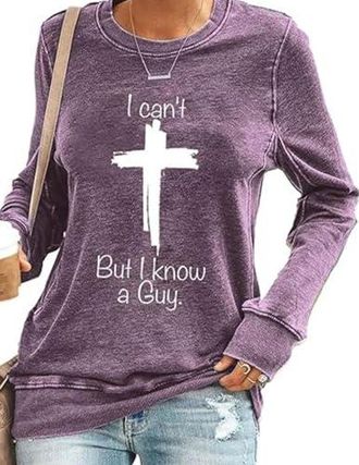 Generic T-shirt graphique &agrave; manches longues avec inscription &laquo; I Cant But I Know A Guy Cross &raquo; pour femme - Automne et hiver, violet, 3XL