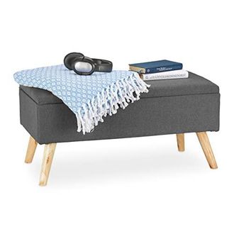 Relaxdays Banc de Rangement, rembourr&eacute;, Pieds en Bois, Coffre avec rev&ecirc;tement en Tissu 39,5 x 79,5 x 39 cm, Gris