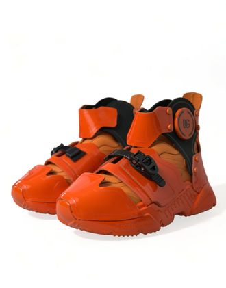Dolce & Gabbana Mens Orange Multi Panel Chunky High Top Sneakers Shoes Pvc Calfskin Leather