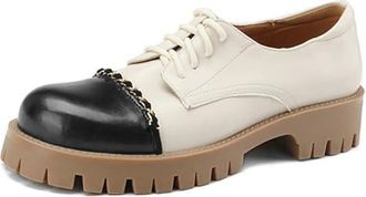 Generic MiaZane Chaussures Plateforme Oxford Bicolores pour Femme Cuir PU Blanc et Noir &agrave; Lacets Semelle crant&eacute;e avec d&eacute;tail cha&icirc;ne Talon Moyen Confortables p