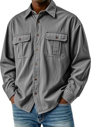 Generic Chemise d&eacute;contract&eacute;e &agrave; manches longues pour homme - Chemise de travail r&eacute;sistante &agrave; boutons - Style r&eacute;tro vieilli - Coupe d&eacute;contract&eacute;e - Pour la rando