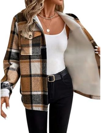 Minetom Veste a Carreaux Femme Chaud Doublure Polaire Sweat à Capuche Manches Longues Hoodie avec Boutons Automne Hiver Manteau B Kaki M