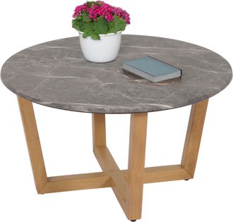 Mendler Couchtisch HWC-M61, Beistelltisch Sofatisch, Massiv-Holz HDF Laminat Melamin Ø80cm, Marmor/Stein-Optik, helles Gestell