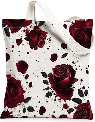 Generic Sac fourre-tout en toile pour la Saint-Valentin - Motif floral rose - 33 x 38 cm - Vintage gothique romantique - R&eacute;utilisable - Pour femme - D&eacute;coratio