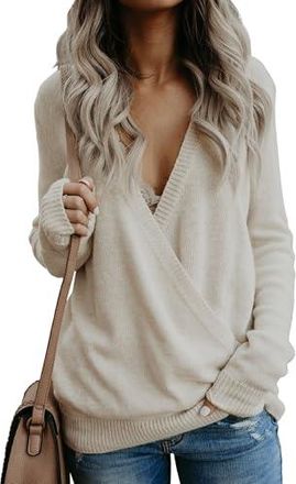 Generic Pull tricoté pour Femme, col en V Profond, Manches Longues, Sexy, croisé, Cache-coeur, Ample