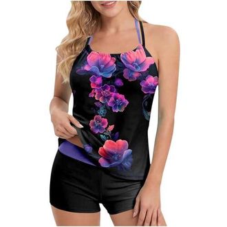 Generic Tankini 2 pi&egrave;ces pour femme - Imprim&eacute; floral - Maillot de bain pour femme - Bretelles r&eacute;glables - Haut dos nu sans manches avec short taille haute - M