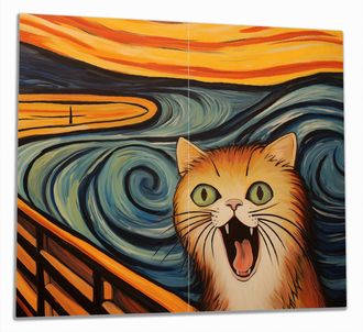 Wallario Herdabdeckplatte/Spritzschutz aus Glas, 2-teilig, 60x52cm mit 13mm hohen Füßen, für Ceran- und Induktionsherde, Der Schrei der Katze