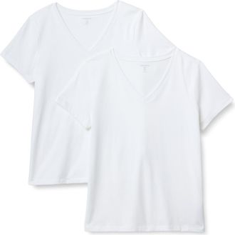Amazon Essentials Damen Kurzarm-T-Shirt mit V-Ausschnitt, Regular Fit aus 100 % Baumwolle, 2er-Pack, Wei&szlig;, XXL