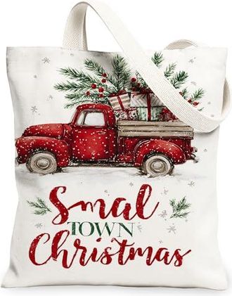 Generic Sacs fourre-tout en toile motif camion de No&euml;l, sacs d&eacute;picerie r&eacute;utilisables, vintage, l&eacute;gers, lavables, blanc, 13x15 Inch