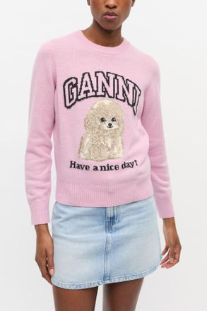 Ganni Pull rose &agrave; imprim&eacute; chiot - Pour Femme