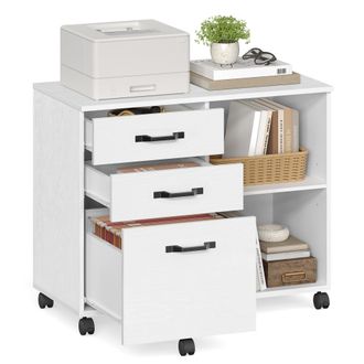 Vasagle Rollcontainer, Aktenschrank, mit 3 Schubladen und Rollen, offene F&auml;cher, f&uuml;r Dokumente in DIN A4-, Letter-Format, Druckerst&auml;nder, Industrie-Design, we