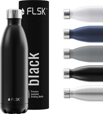 FLSK Trinkflasche - Premium Edelstahl Thermosflasche - 100 % auslaufsicher & kohlens&auml;uregeeignet - h&auml;lt 24 h kalt & 18 h hei&szlig; - BPA-frei (black, 750 ml)