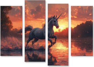 Islandburner Bild auf Leinwand Einhorn im Sonnenuntergang am See Bilder Wandbilder Poster