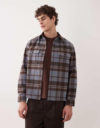 Mango Surchemise en laine m&eacute;lang&eacute;e &agrave; carreaux - Bleu et marron-Brown