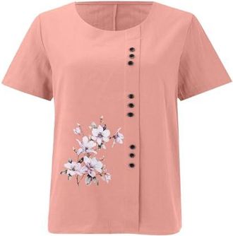 Generic Haut ample d&eacute;contract&eacute; &agrave; manches courtes et col rond en lin pour femme, chemisier d&eacute;t&eacute; &agrave; motif floral pour la plage, les vacances et les voyages, rose