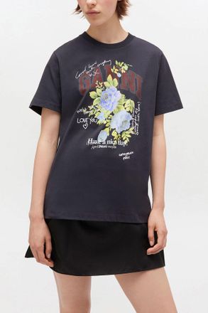 Ganni T-shirt noir &agrave; imprim&eacute; rose Multicolore Coton biologique - Taille XXS - Pour Femme