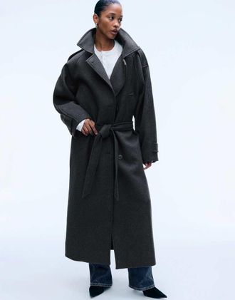 Weekday manteau en m&eacute;lange de laine &agrave; col chemin&eacute;e avec ceinture noir &agrave; chevrons