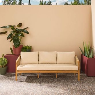 Sweeek Canap&eacute; ext&eacute;rieur 3 places bois dacacia et cordes avec coussins en tissu beige - Parana