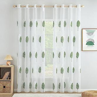 Miulee Rideaux Voilage Court avec Beau Motif de Feuilles Vert et Blanc, Int&eacute;rieurs Rideau Voile Brod&eacute; a Oeillets Largeur 140 CM Hauteur 175, Petit Voilage Fe